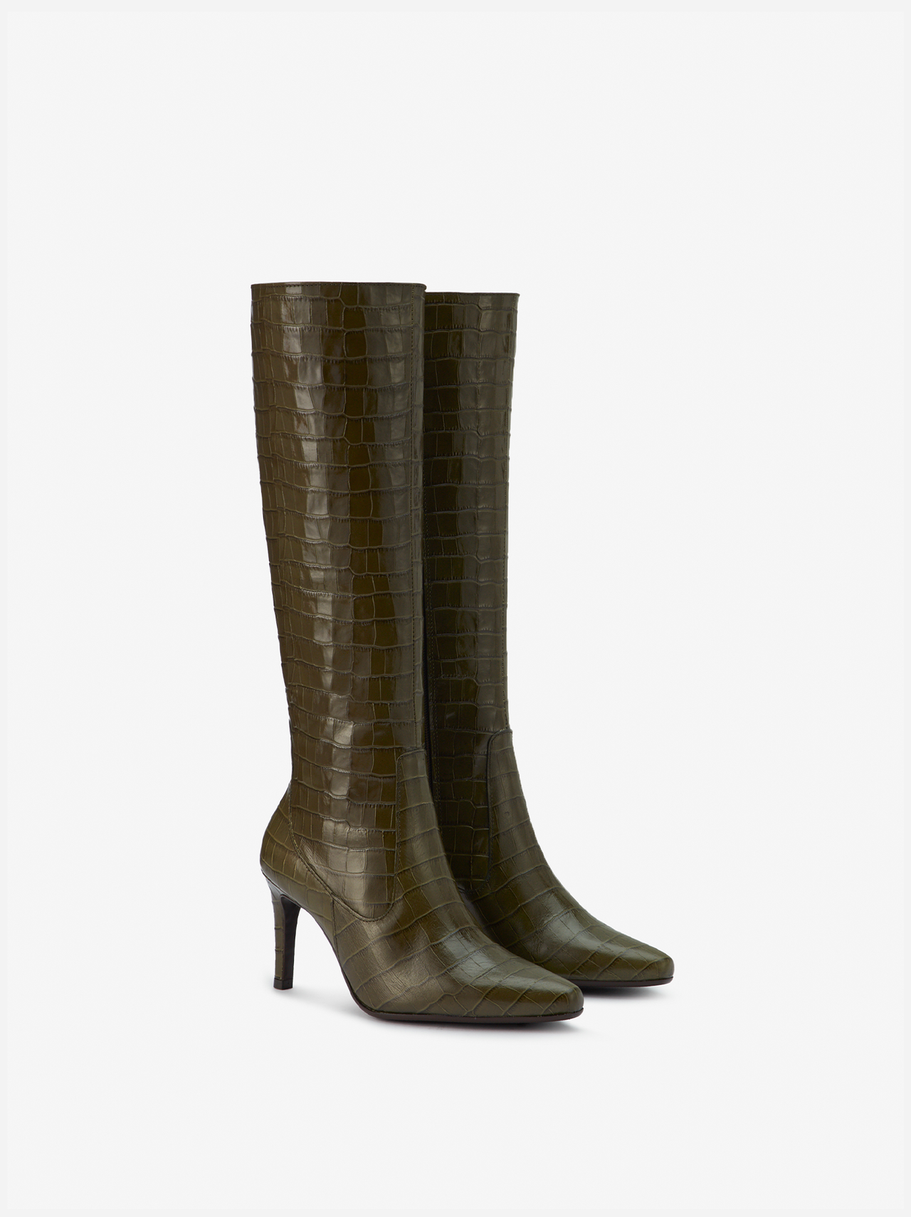 Freya Green Croc Knee High Stiletto Boots | DuoBoots